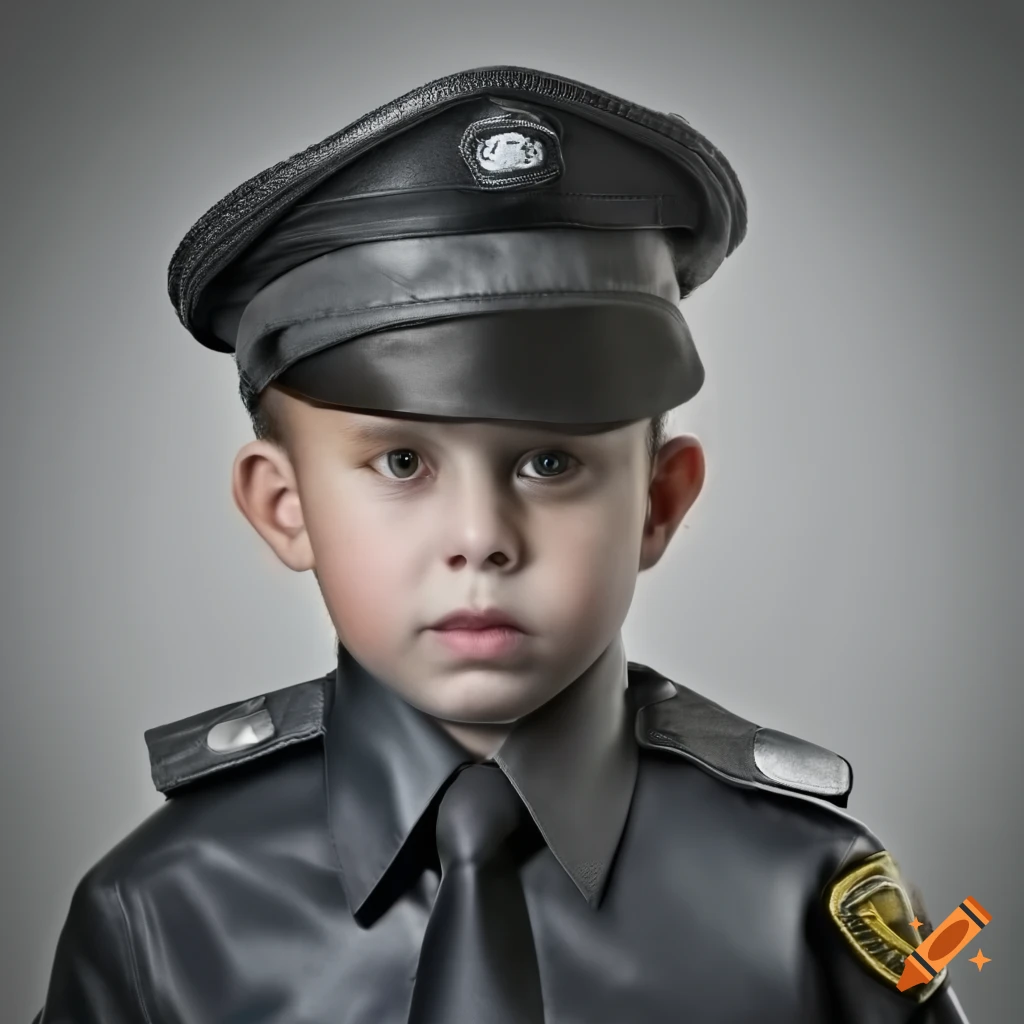 Photo realistic portrayal of a young boy in a security guard uniform on ...