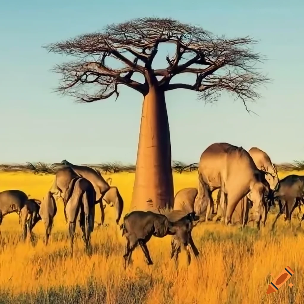 African herd near a baobab tree in the savannah on Craiyon