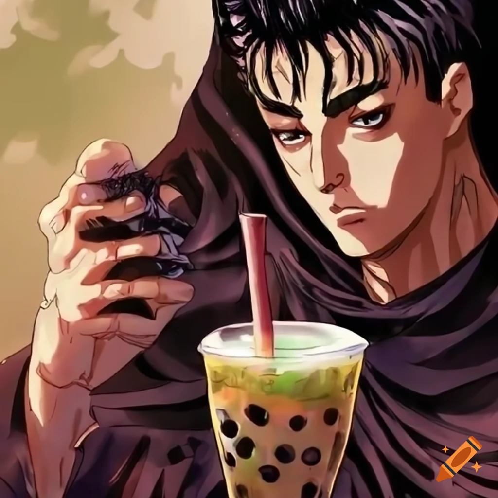 Anime-style artwork of a man drinking bubble tea on Craiyon