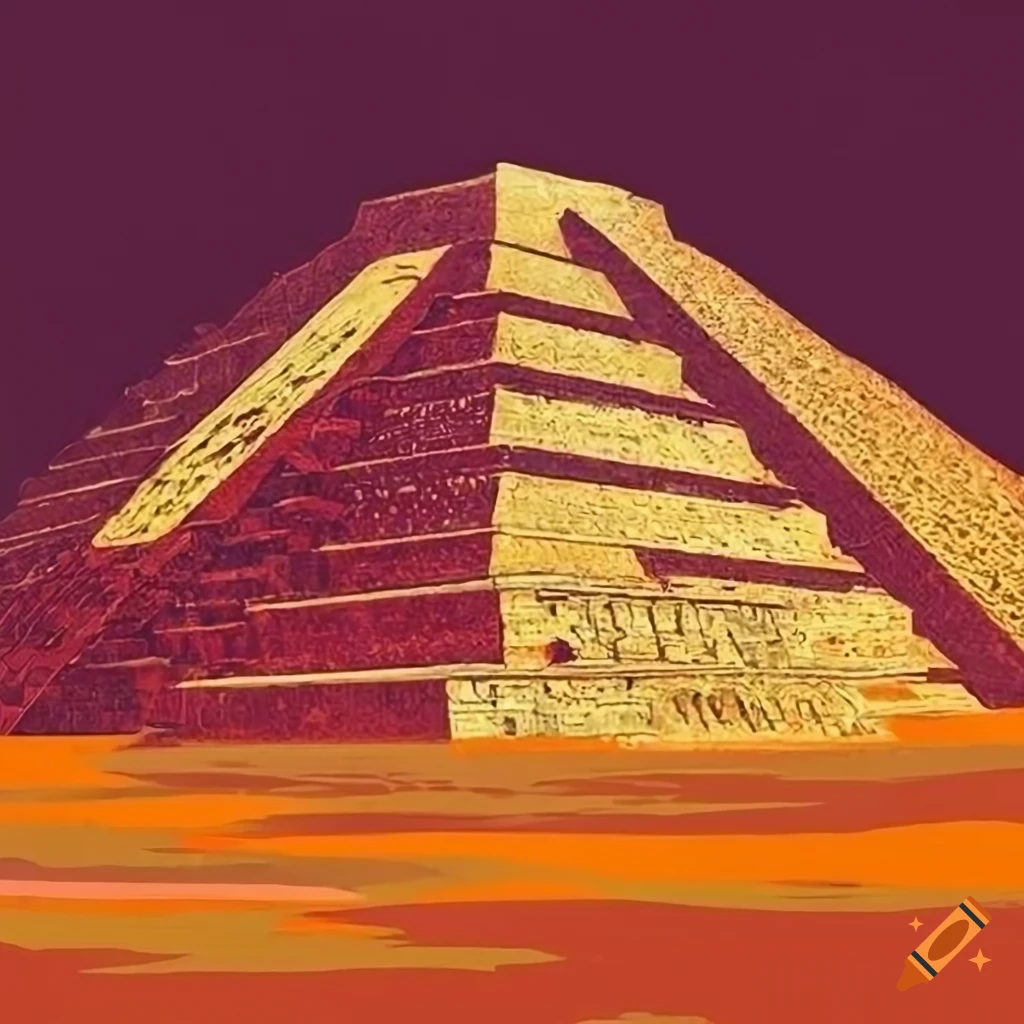 Retro-futuristic travel poster of sun pyramid at teotihuacan on Craiyon