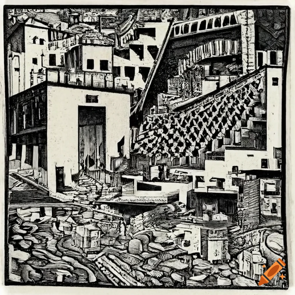 Woodcut artwork depicting israeli bombardment of gaza city