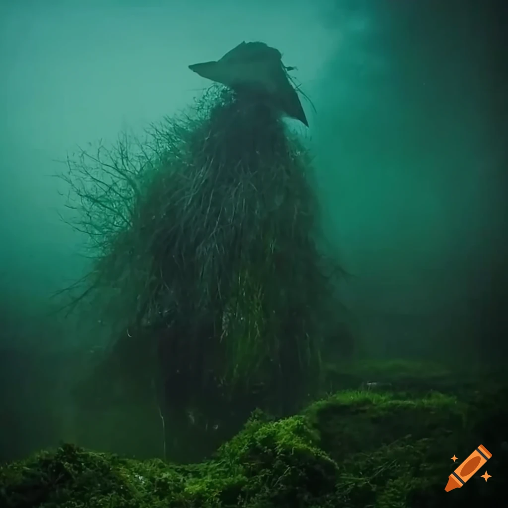 Surreal 2-headed pigeon with a human body in a swamp wearing a black ...