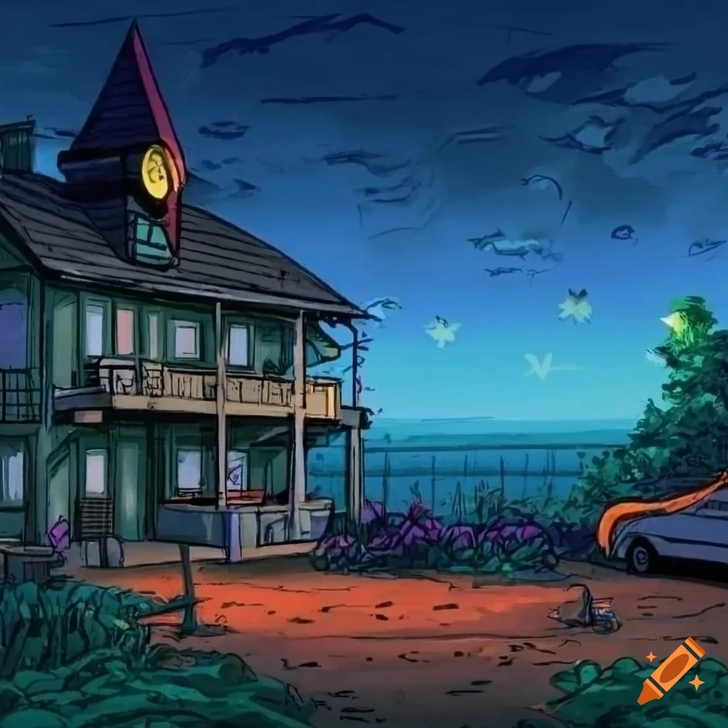 Dark cartoon motel background with victorian hotel