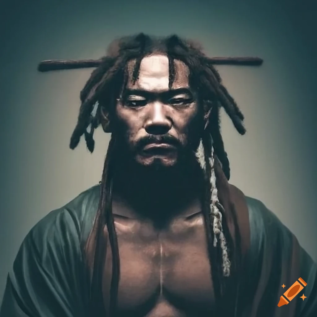 Image of a black, brown, and asian samurai with dreadlocks on Craiyon