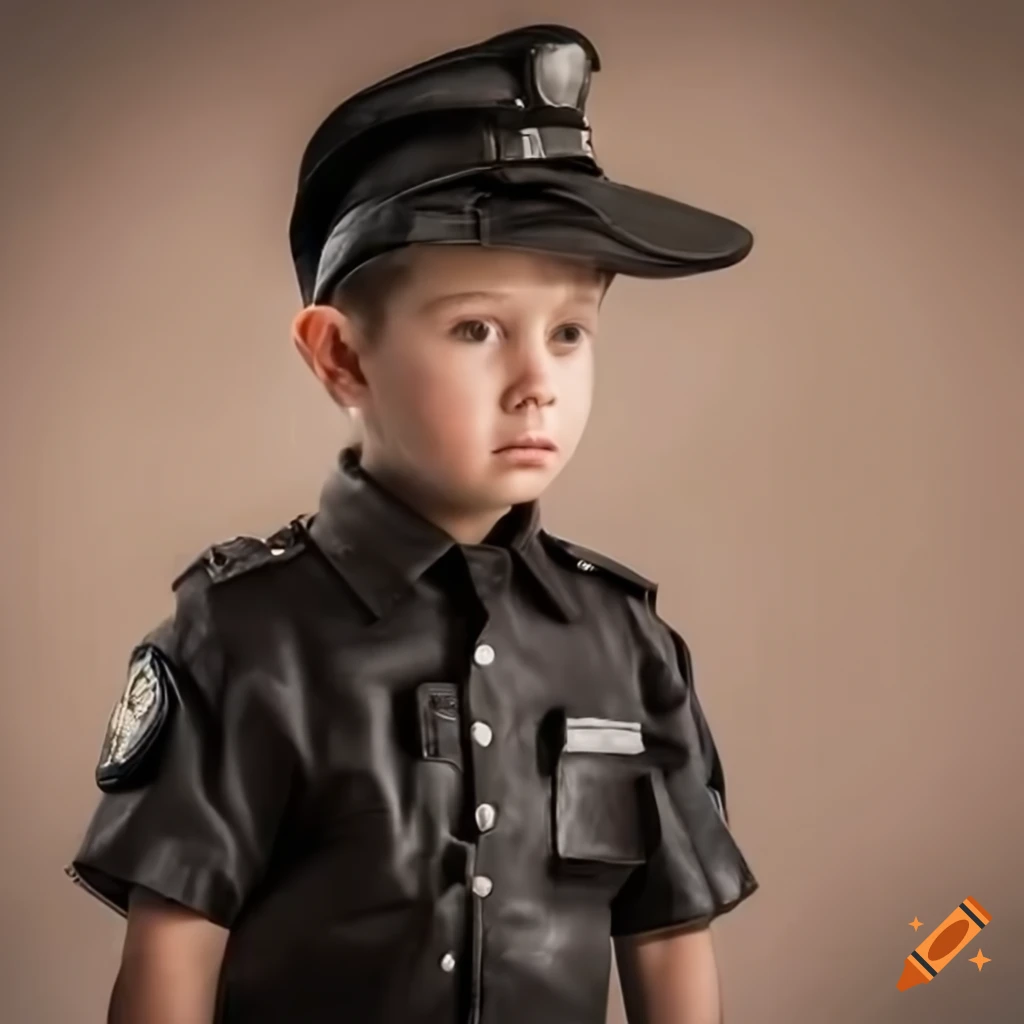 Photo-realistic image of a young boy in a security guard uniform on Craiyon
