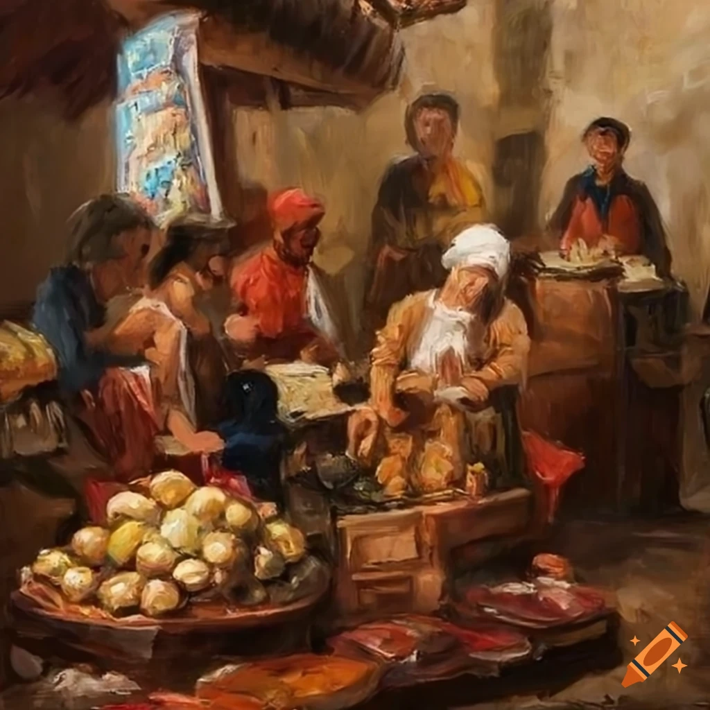 Oil painting of a busy market with a trader selling goods on Craiyon