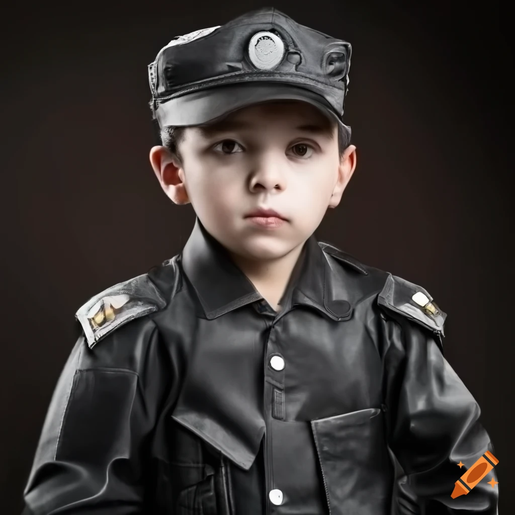 Photo-realistic image of a young boy in a security guard uniform on Craiyon
