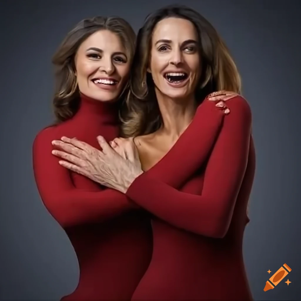 Two women sharing a sweater and creating an illusion of a two-headed person on Craiyon