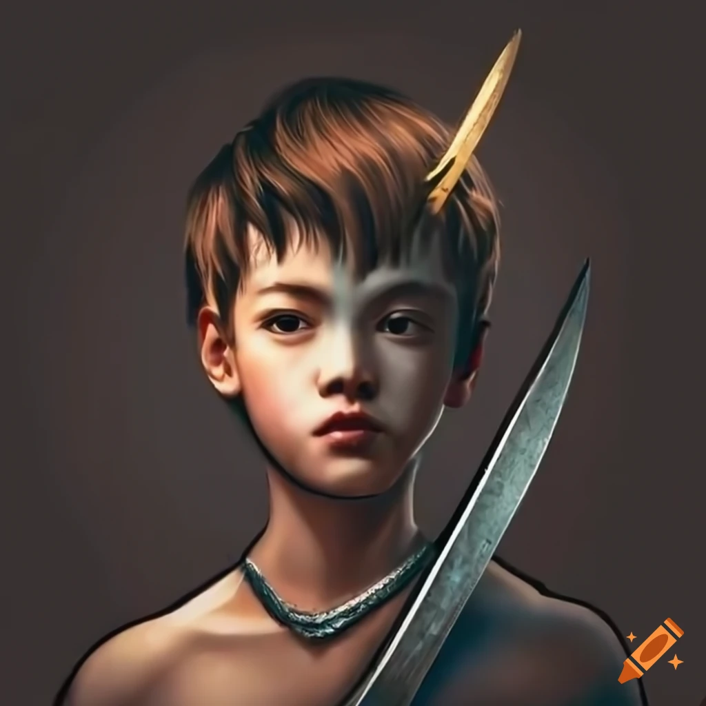 Teenage boy with sword in a fantasy city