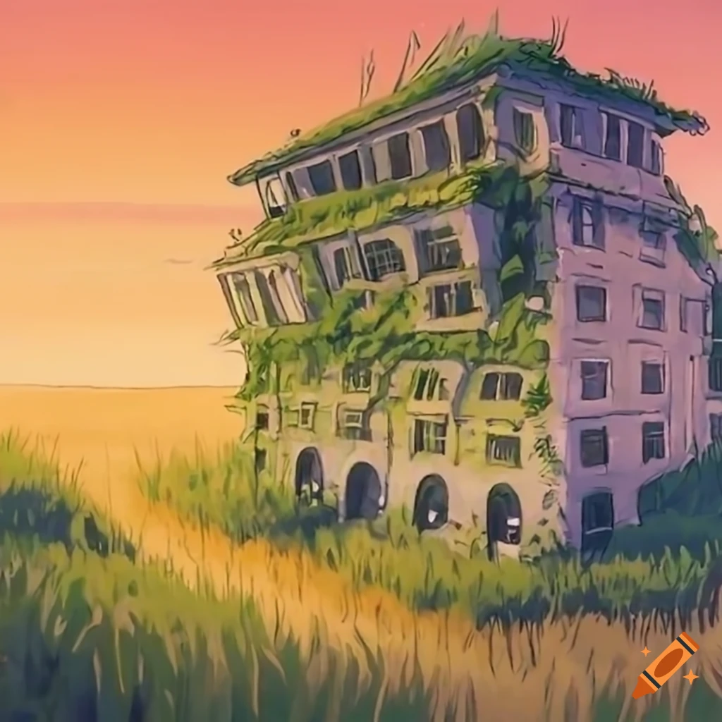 Anime-style painting of an overgrown office building in a wheat field ...