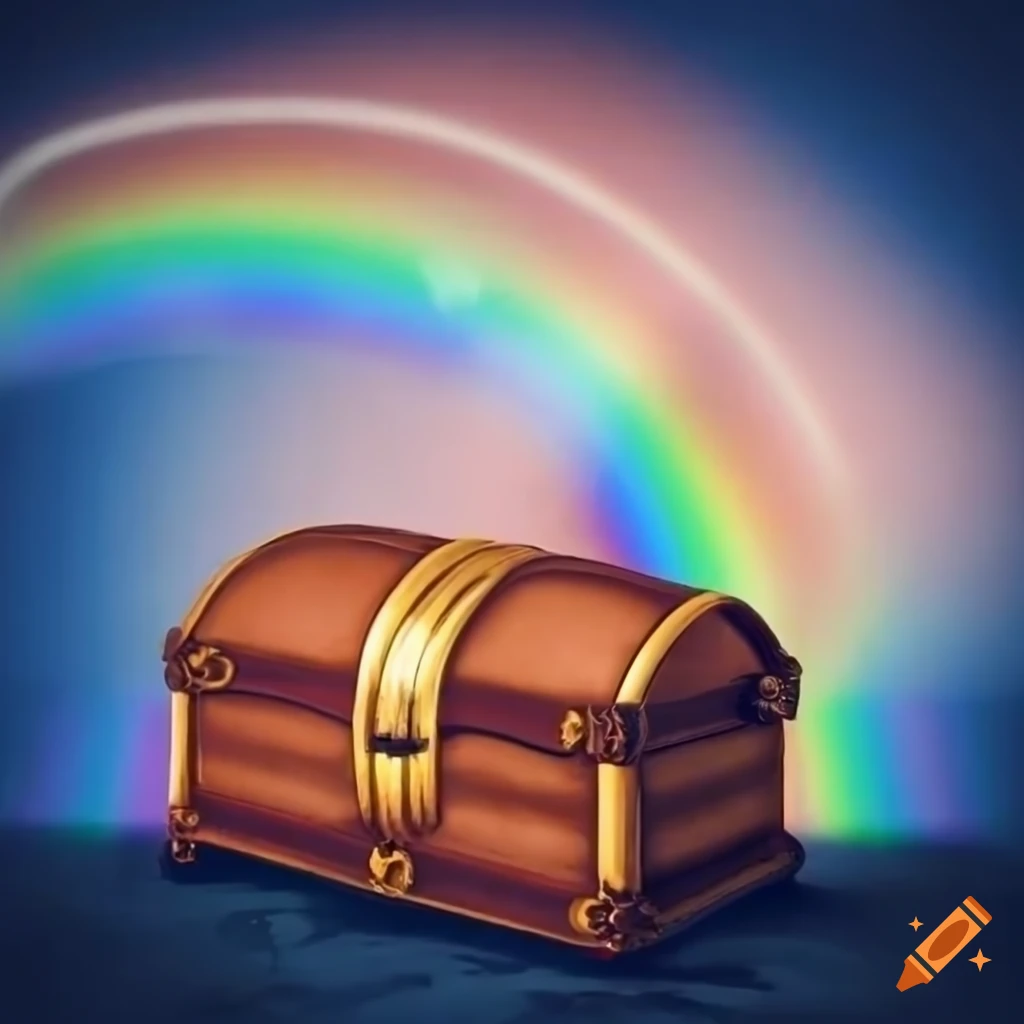 Rainbow in the sky with treasure chest on the ground on Craiyon