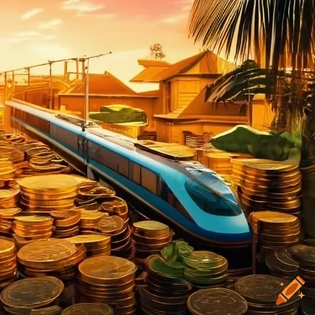 A train surrounded by golden coins and palm trees on Craiyon