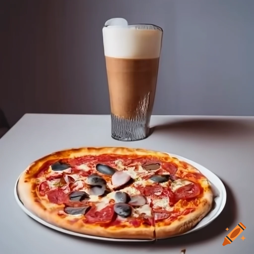 Delicious pizza and refreshing iced coffee on a table on Craiyon