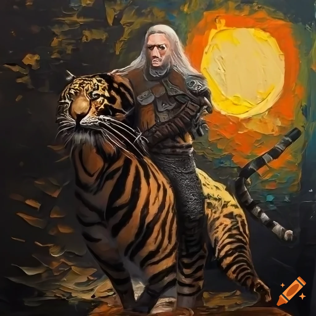 Painting of Geralt riding a tiger on Craiyon