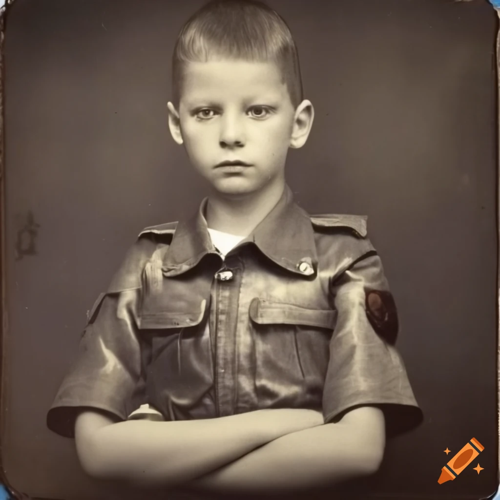 Photo realistic vintage portrait of a young boy in a security guard ...