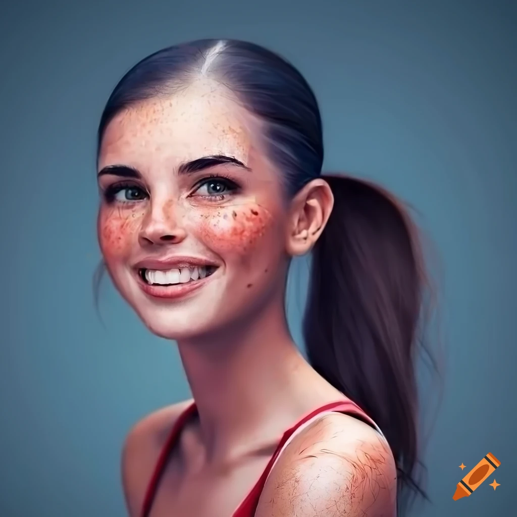 Portrait Of A Young Woman With Freckles And Dark Hair
