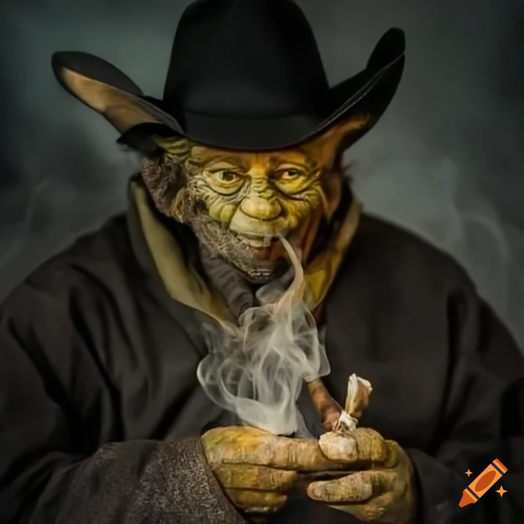 Hillbilly yoda smoking a cigar and wearing a cowboy hat on Craiyon