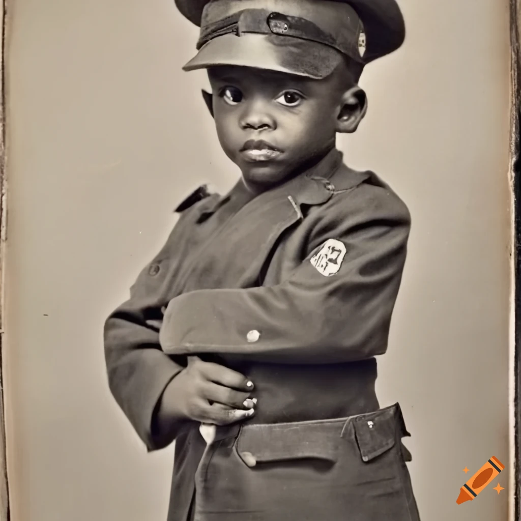 Vintage photo of a young black boy in a security guard uniform on Craiyon