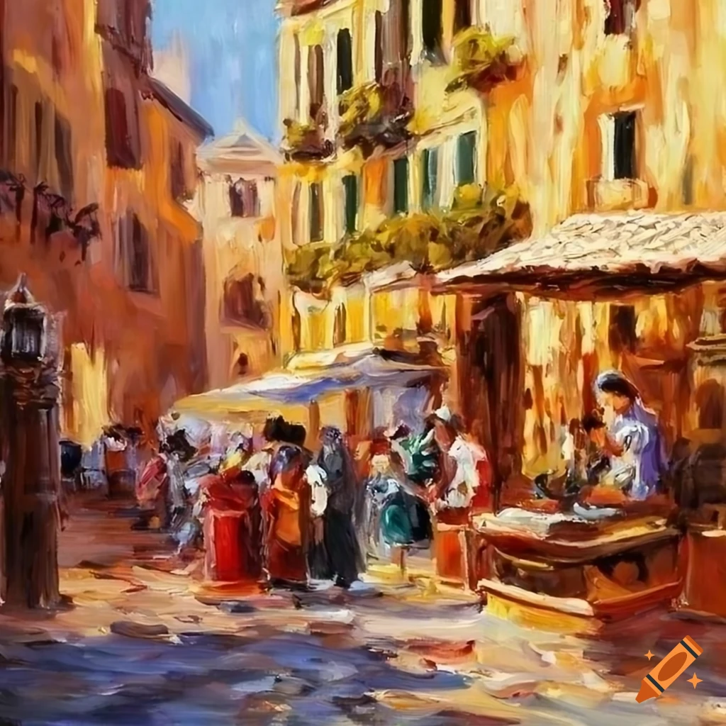 Oil painting of a bustling Mediterranean town square on Craiyon