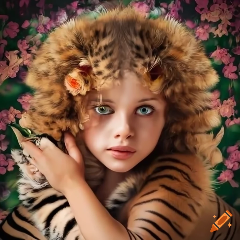 Girl hugging a tiger cub with a floral background on Craiyon