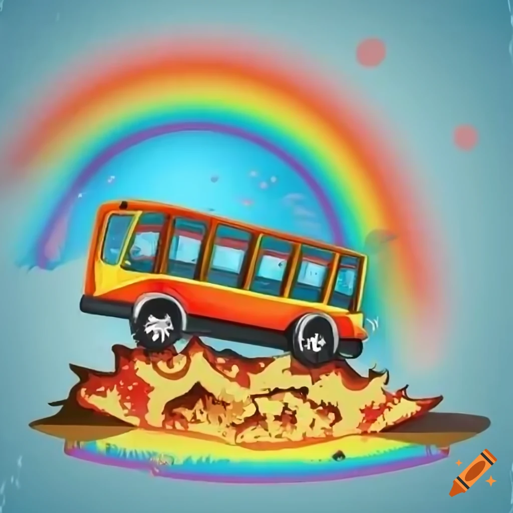 Cartoon of a bus on fire falling off a cliff with rainbows in the ...