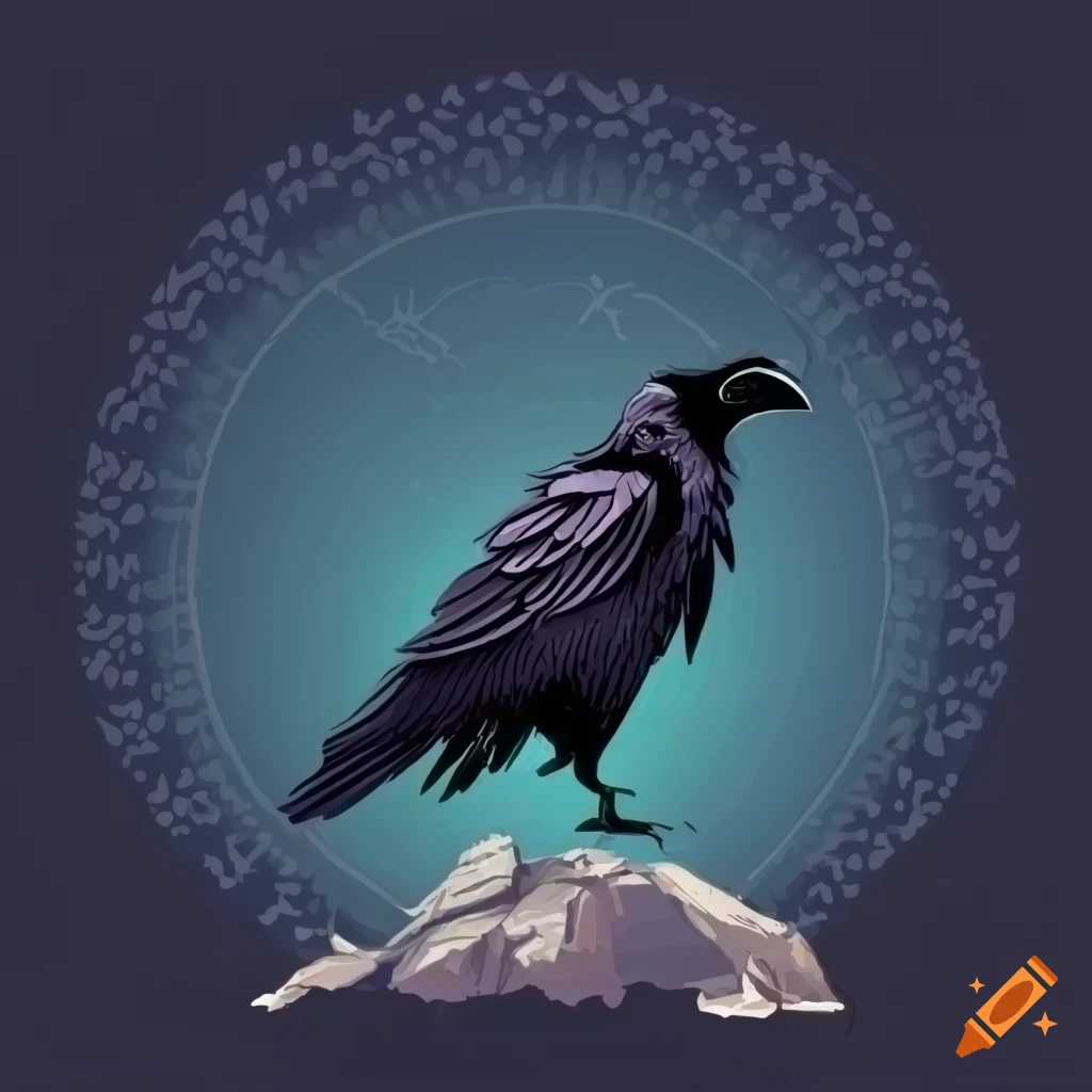 Vector emblem with a raven perched on a rock on Craiyon