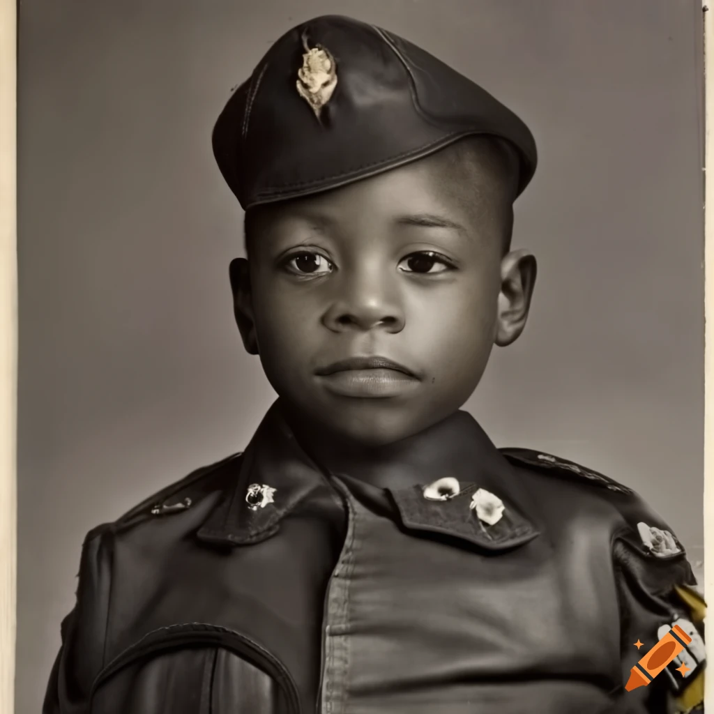 Vintage photo of a young black boy in a security guard uniform on Craiyon