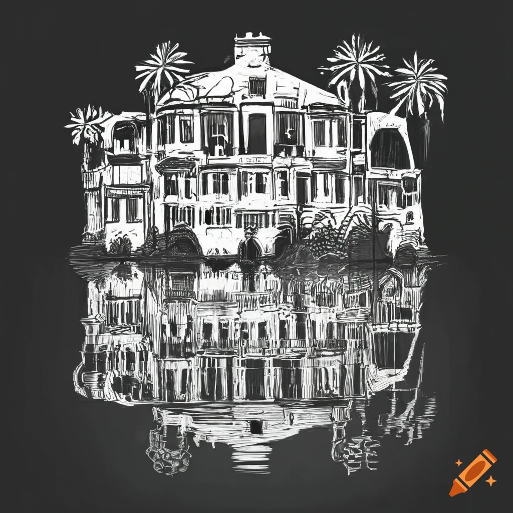 Pencil drawing of elegant French Riviera houses and palms on Craiyon