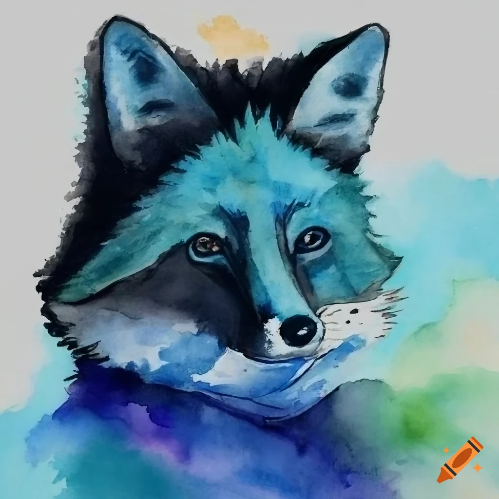Blue watercolor painting of a fox silhouette on Craiyon