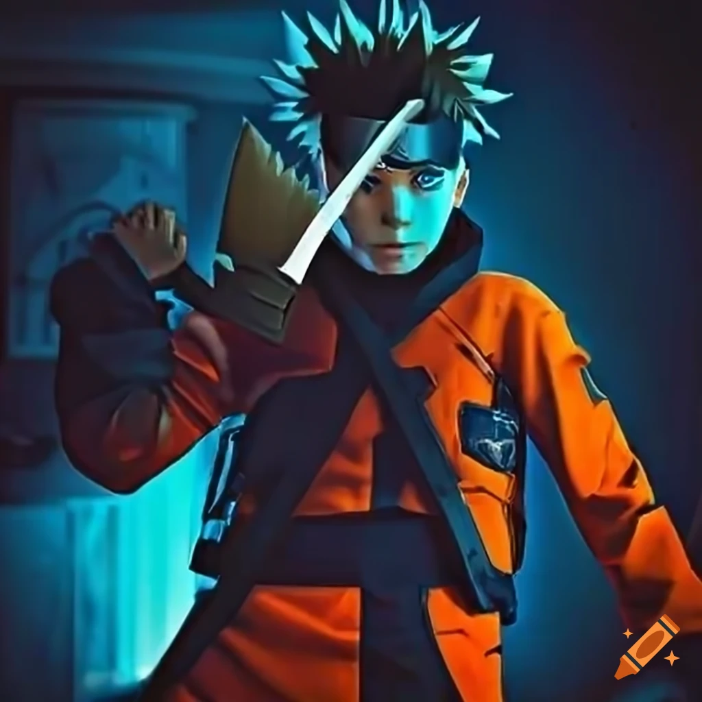 Naruto Uzumaki in cyberpunk attire with a kunai dagger on Craiyon