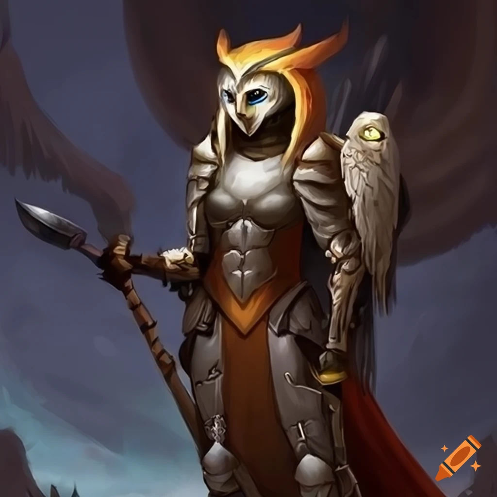 Illustration of an owl-humanoid Paladin Rogue on Craiyon