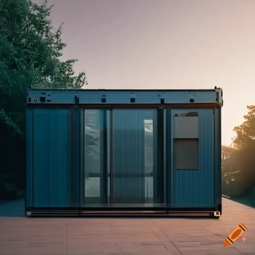 Innovative container home with people dining outside in a garden ...