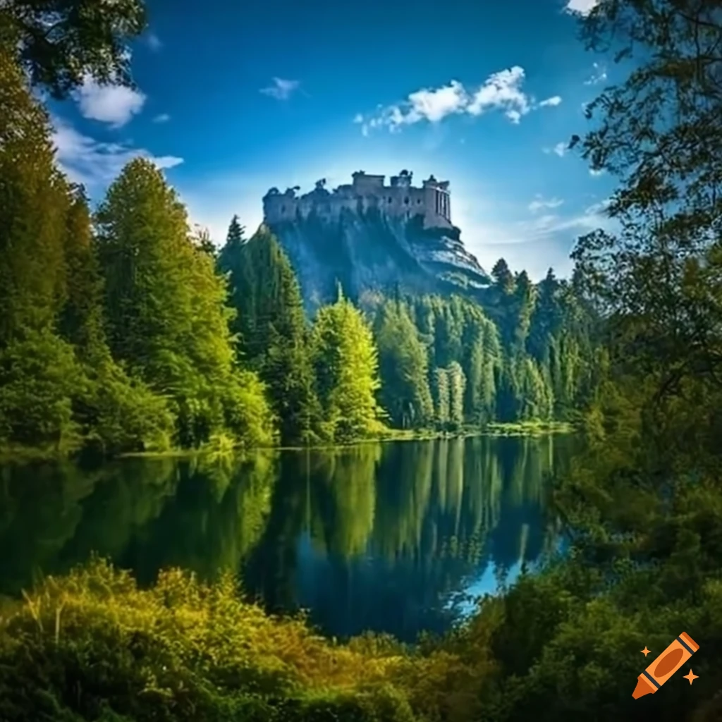 Castle on top of a mountain in a beautiful woodland scenery on Craiyon