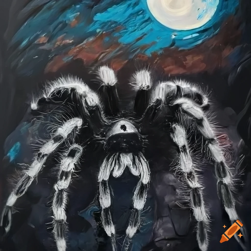 Close up painting of a ferocious tarantula walking out of a dark forest ...