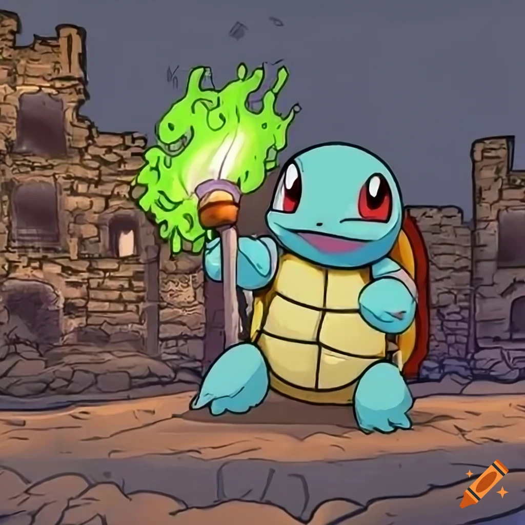 Squirtle holding a green-flamed torch with castle ruins in the background on Craiyon