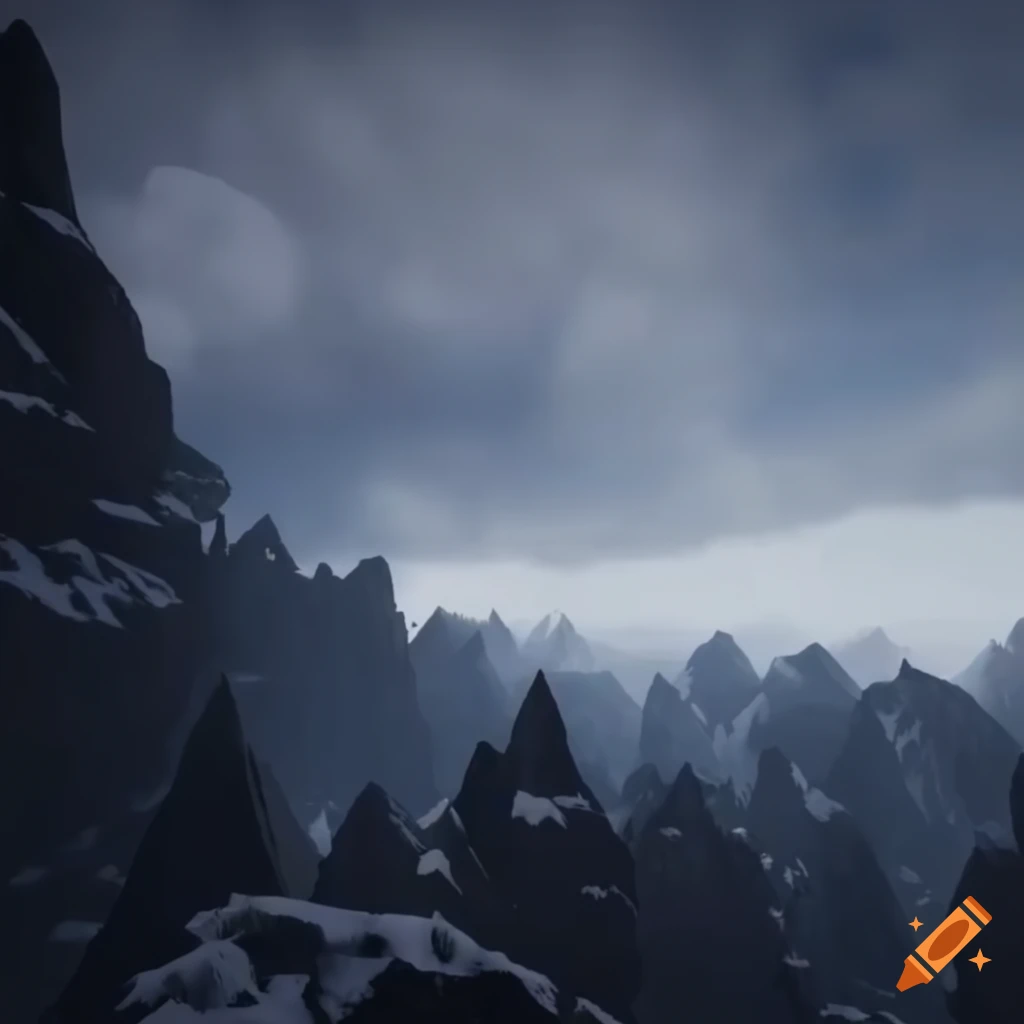 Snowy mountains with thunderstorm in unreal engine 5 on Craiyon