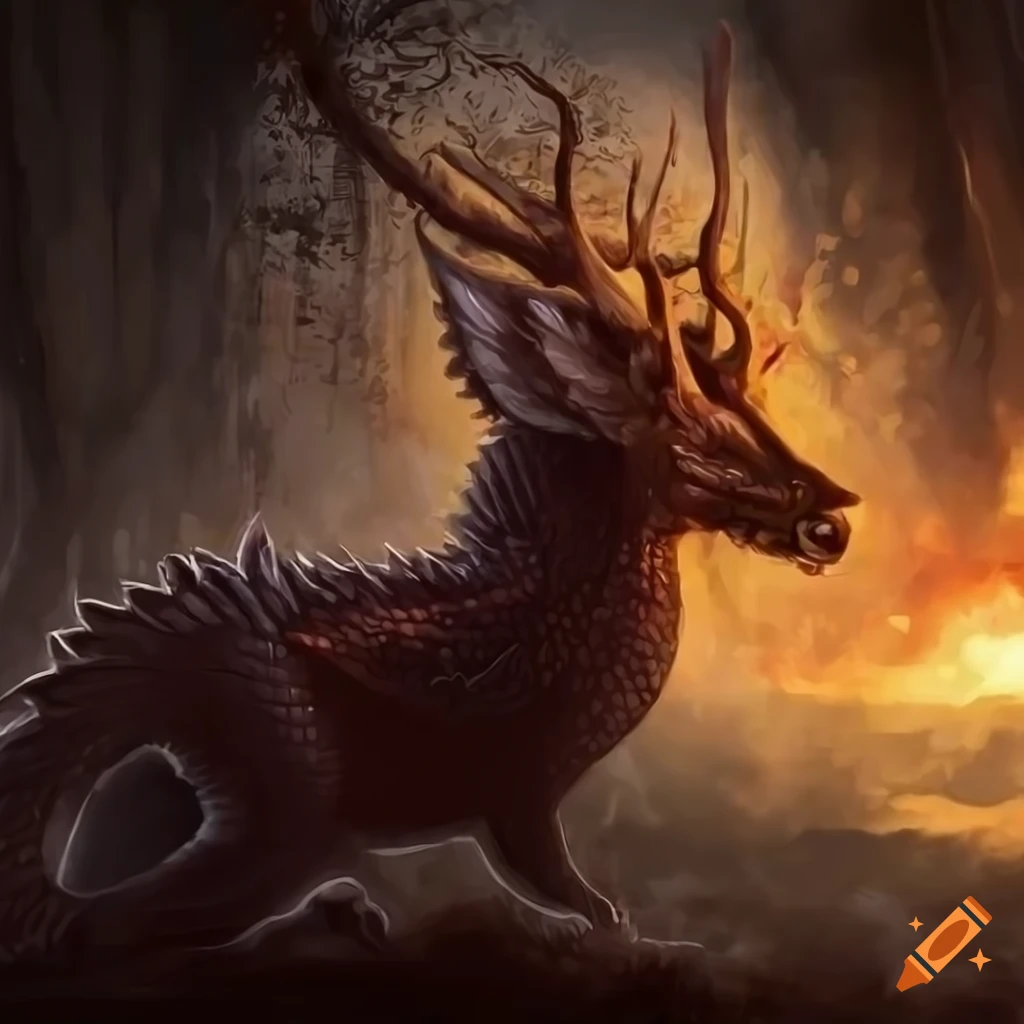 Artistic depiction of a mythical creature with deer and dragon elements