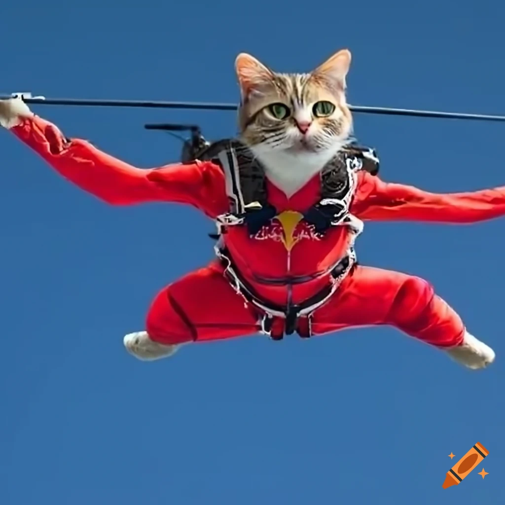 Photorealistic image of a cat skydiving in a red bull outfit