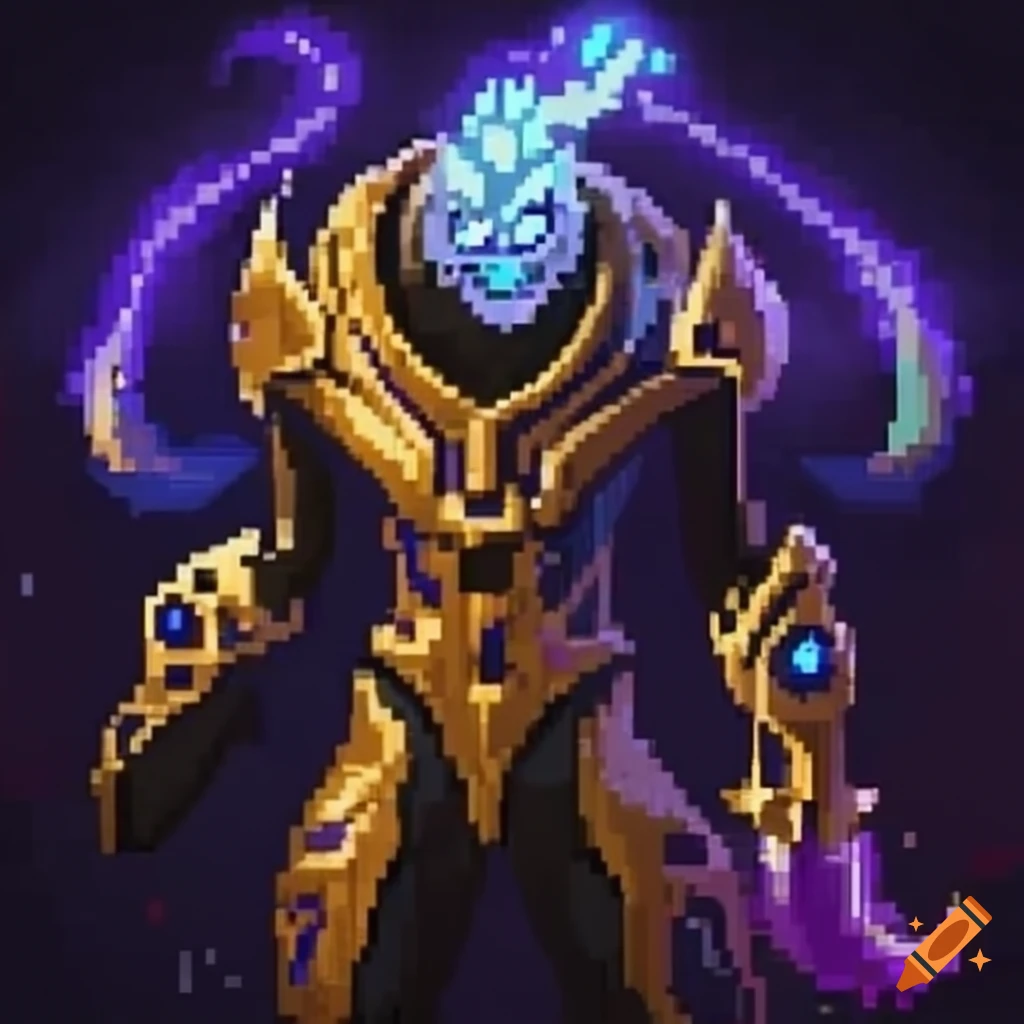 Pixel art of a powerful protoss character summoning elemental forces on ...
