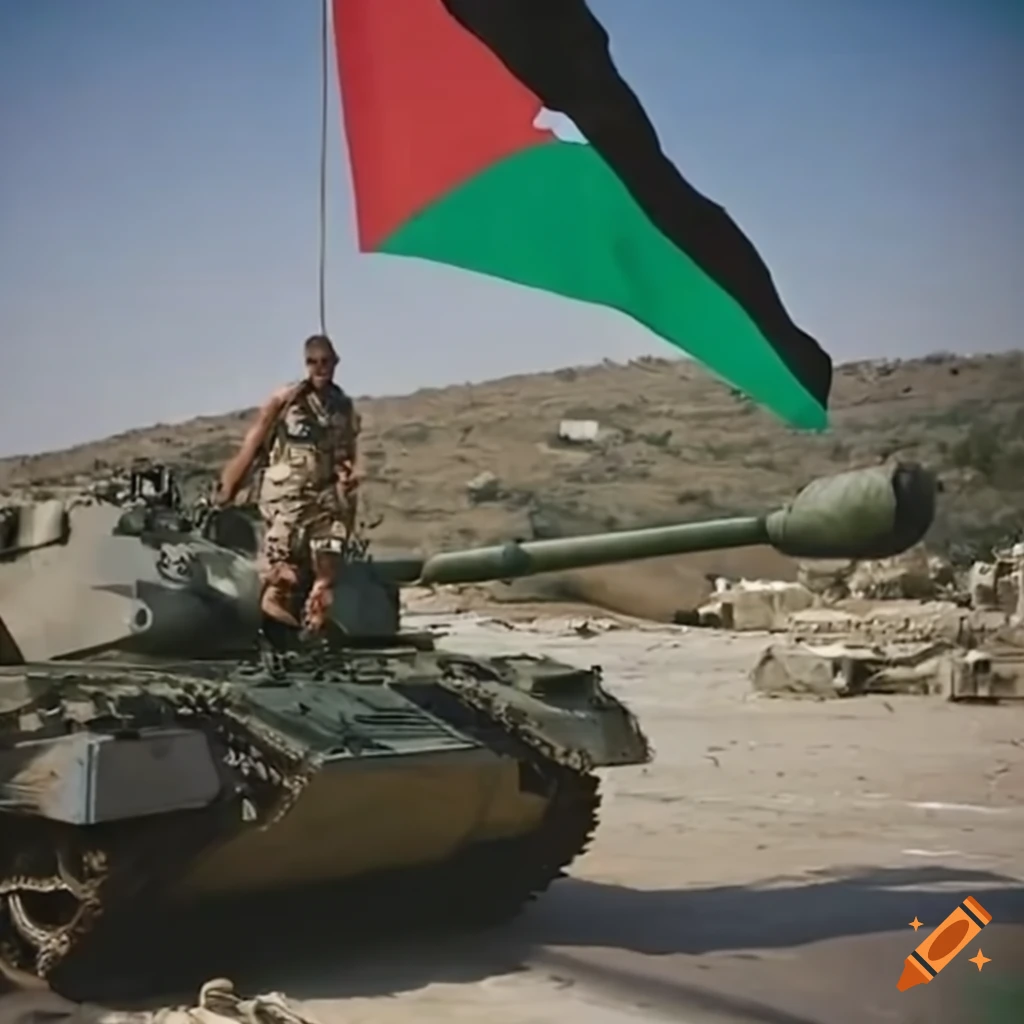 Image of a hero facing tanks with palestinian flag on Craiyon