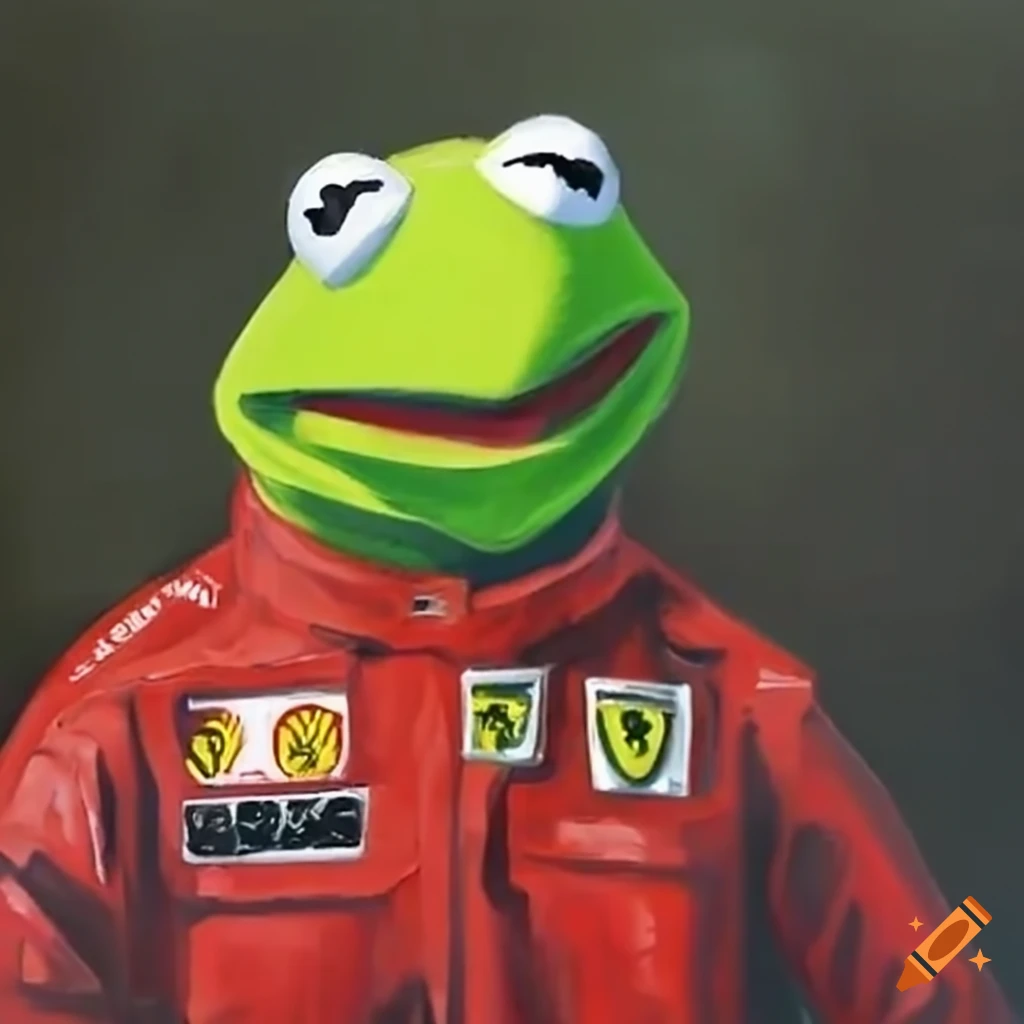 Kermit the frog wearing a ferrari f1 suit