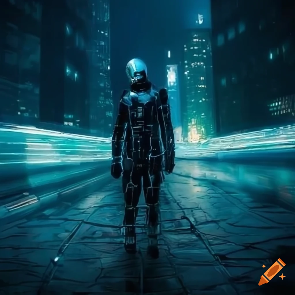 Person in high-tech suit in a futuristic city