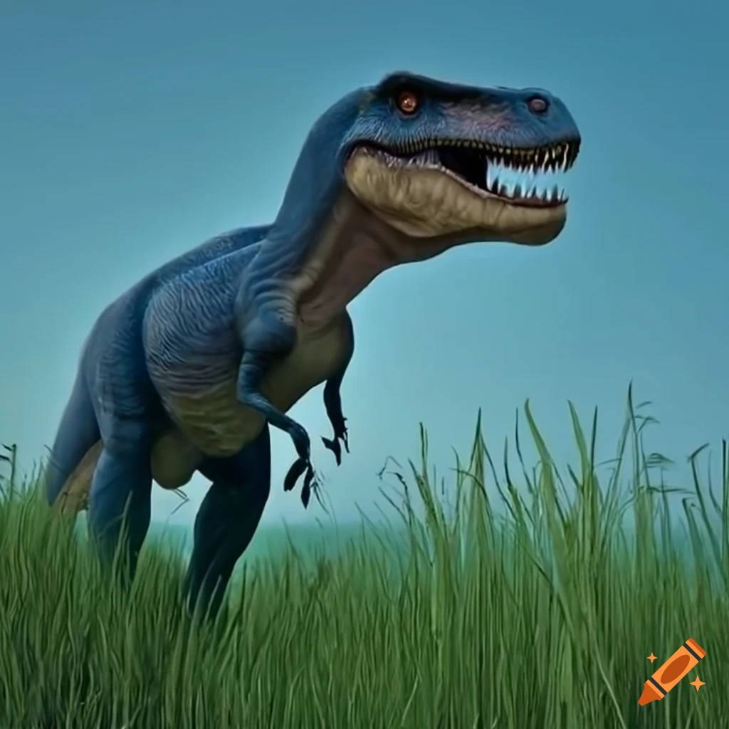 Image of a giant blue tyrannosaurus in tall grass on Craiyon