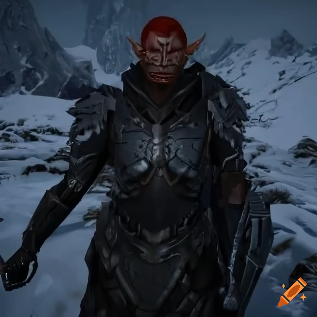 Sci-fi elf cyborg man with black armor and war axe in snowy mountains ...