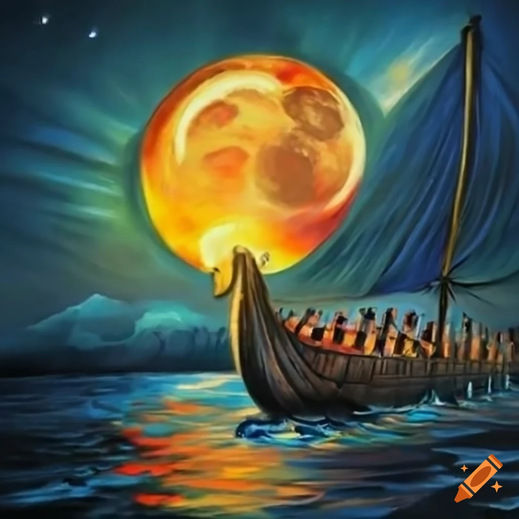Viking longship sailing under the full moon