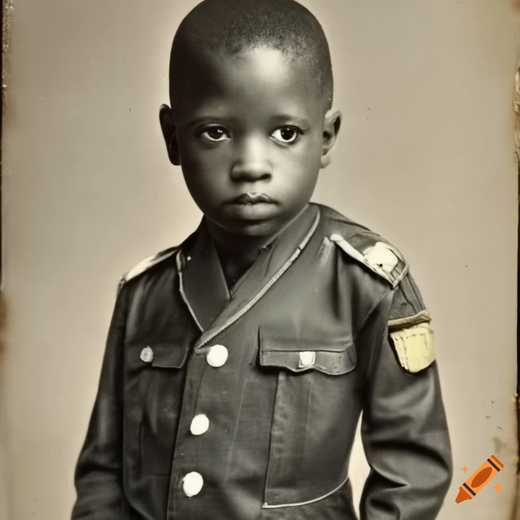 Vintage photo of a young black boy in a security guard uniform on Craiyon