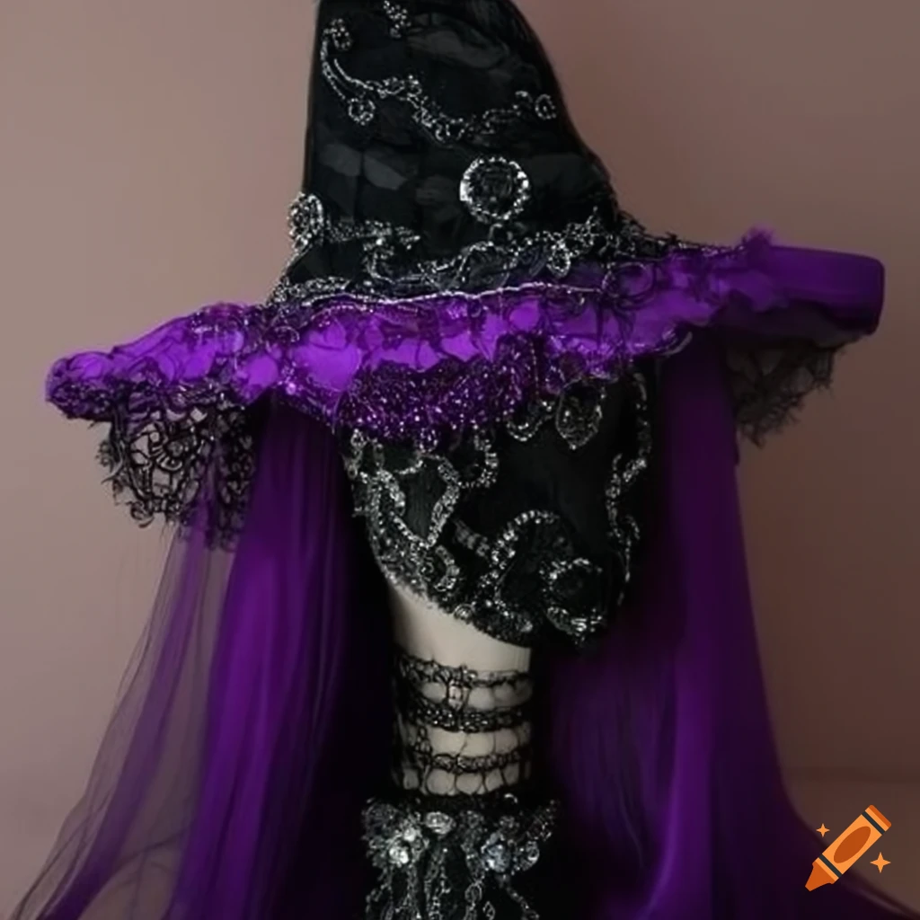 Gothic style witch's hat with crystal and lace embellishments on Craiyon