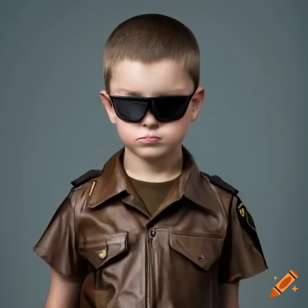 Photo-realistic image of a young boy in a security guard uniform