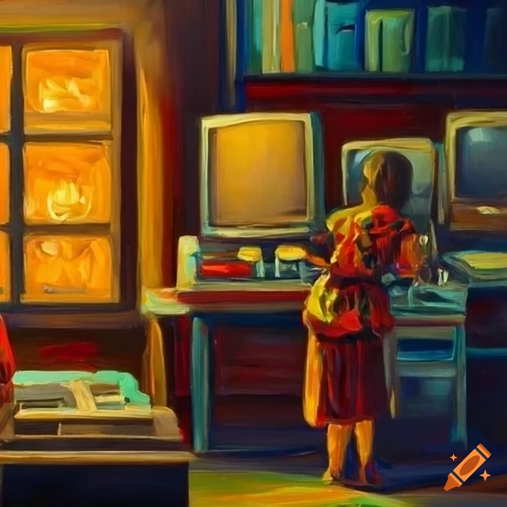 Oil painting of a computer store