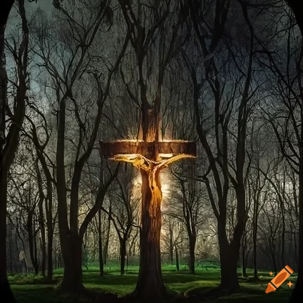 Symbolic depiction of trees resembling Jesus on the cross on Craiyon